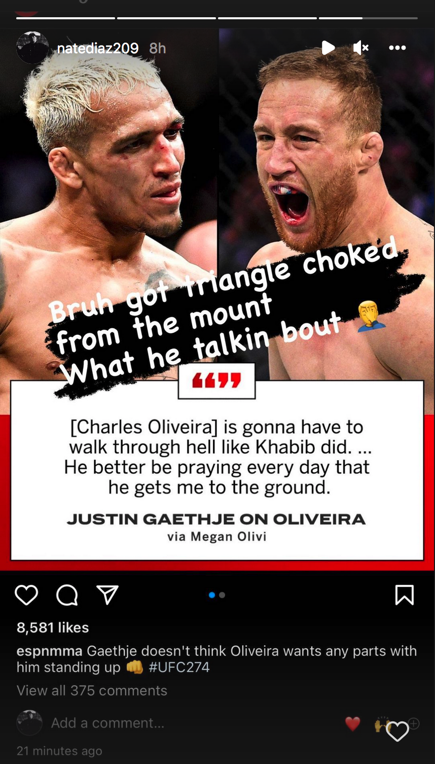 Nate Diaz Slams Justin Gaethje: "Bruh Got Triangle Choked From Mount"
