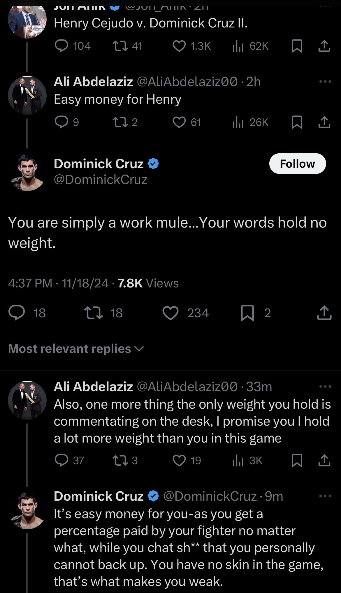 Dominick Cruz Clashes With Ali Abdelaziz, Calls The MMA Manager 'Weak'