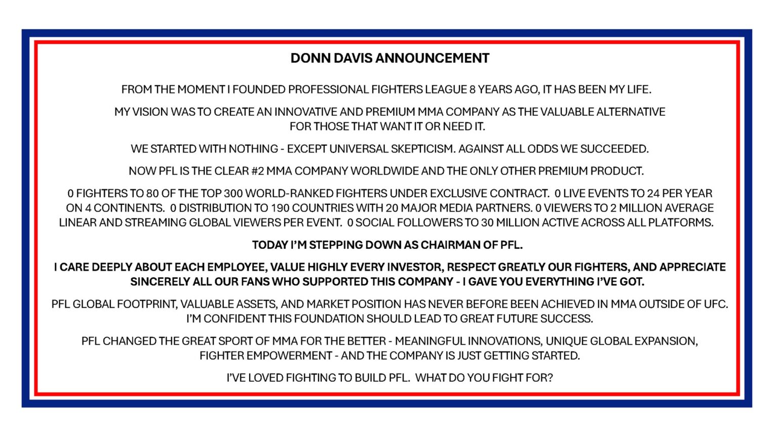 Donn Davis Steps Down As PFL Chairman